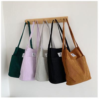 China Trendy Large Custom Logo Letter Print Cotton Tote Bag Solid Color Corduroy Canvas Bag for sale