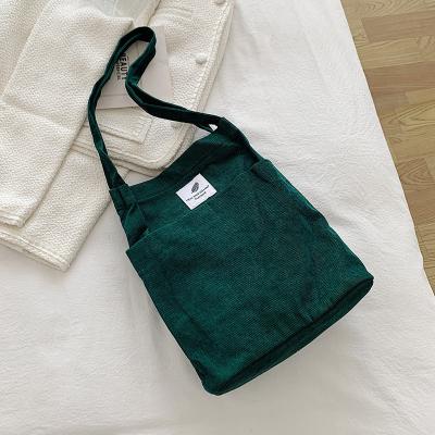 China Trendy Large Custom Logo Letter Print Cotton Tote Bag Solid Color Corduroy Canvas Bag for sale