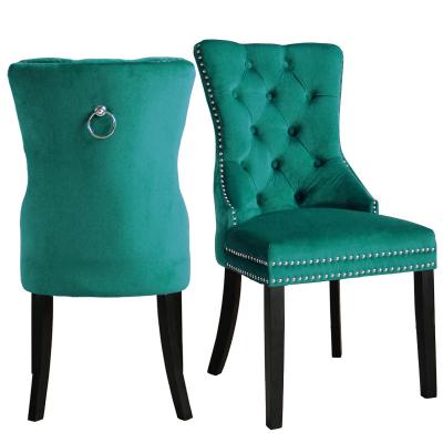 China Green Velvet Solid Wood Dining Chair with Buttons,Nailhead and Knocker HL6087 for sale