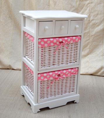 China White Lined Wicker 2 Basket Wood Cabinet Tabletop Storage Drawer for sale