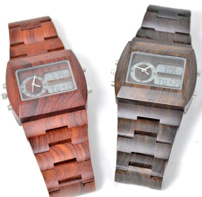 China ebony wood watches with Double movement digital watch wooden band ,OEM/ODM are welcome,MOQ:100pcs for sale