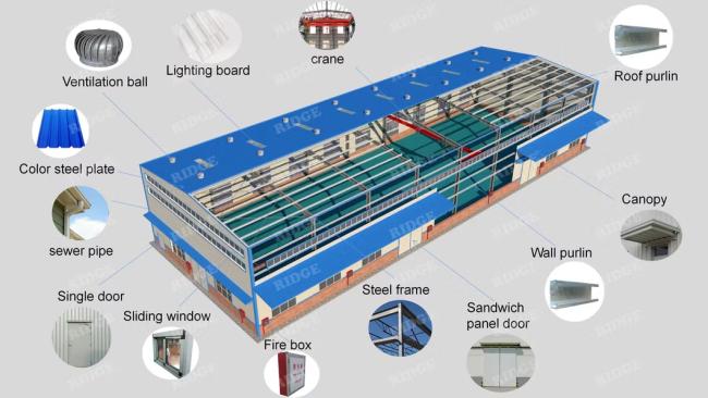 Custom steel frame building structure showing industrial construction design