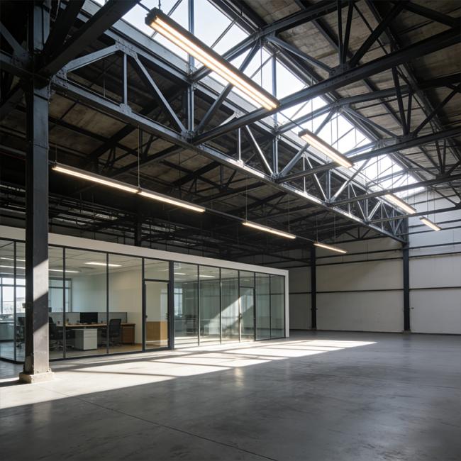 Commercial steel frame building exterior view showing structural design