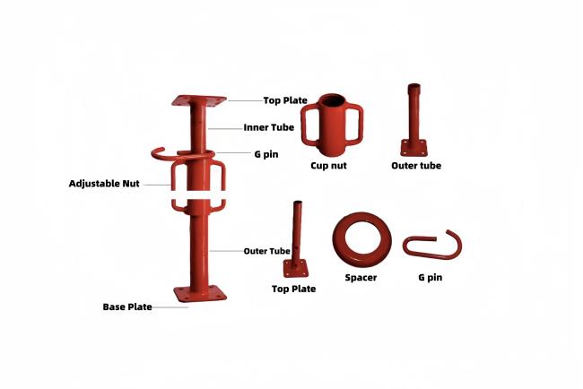Close-up view of steel shoring props sleeve scaffold system