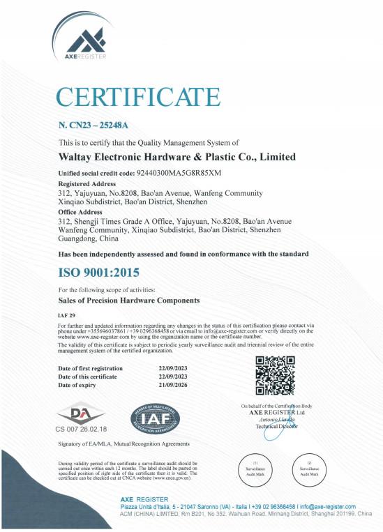 ISO9001 - Waltay Electronic Hardware & Plastic Co., Ltd