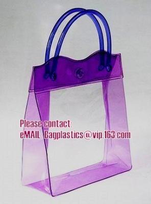 China clear pvc packaging bag with handle for wine, vinyl pvc zipper gift tote bags with handles, gift bag with plastic snap for sale