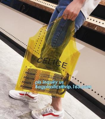 China printed handle pvc bag pvc plastic bag, Stand up gift wine bottle packing recyclable PVC loop handle plastic bag, top se for sale
