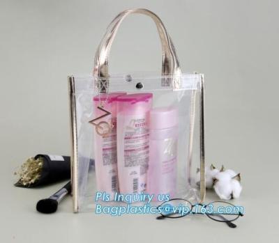 China promotional clear pvc cosmetic bags handle zipper for sale, eco soft loop die cut pvc clear handle plastic shopping bags for sale