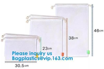 China Reusable Produce Bags Cotton Double Drawstring Multiple Sizes in White Extra Strong Washable See Through with Tare Weigh for sale
