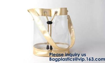 China Transparent PVC Drawstring Bag With Colorful Rope,Clear PVC drawstring bag with gold string,Pvc Strips Printing Gift Pac for sale