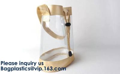China Transparent PVC Drawstring Bag With Colorful Rope,Clear PVC drawstring bag with gold string,Pvc Strips Printing Gift Pac for sale