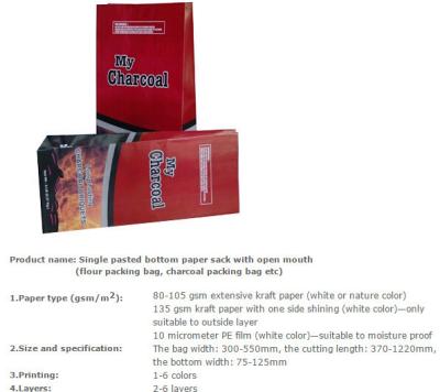 China flour packing bag,charcoal packing bag,single pasted bottom paper sacks with open mouth,sewn bottom sack with open mouth for sale