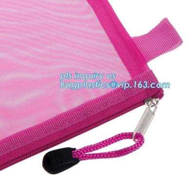 China PVC Netting Ziplock Document Bag with Pocket, A4 Size ladies plastic document bag for student, Netting surface PVC pen f for sale