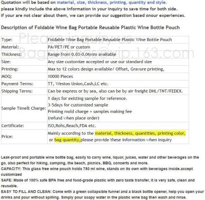 China Foldable wine bag portable reusable plastic wine bottle pouch,wine bottle pvc custom packaging bag,vodka,wine,spirit for sale
