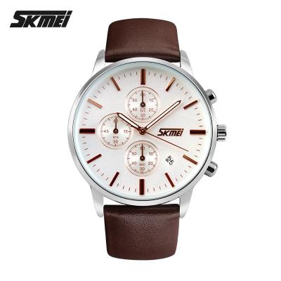 China Brown Leather Stainless Steel Wrist Watch Big Silver Case For Male for sale