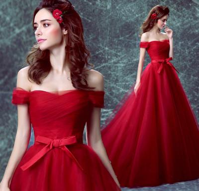 China Off The Shoulder Red Crepe Boat Neck Gorgeous Small Train Evening Dress TSJY132 for sale