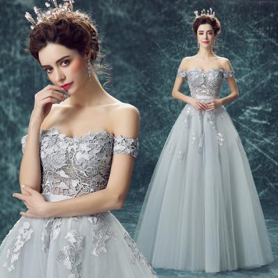 China Sexy Off The Shoulder Boat Neck Gray Lace Slim Waist Gorgeous Evening Dress TSJY092 for sale