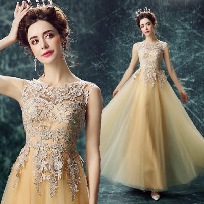 China Light Yellow Lace And Crepe Sleeveless Gorgeous Evening Dress TSJY091 for sale