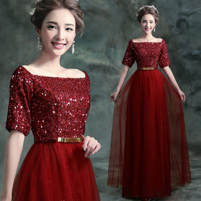 China Wine Red Half Sleeves Sequined Decoration Bow Sashes Gorgeous Evening Dress TSJY096 for sale