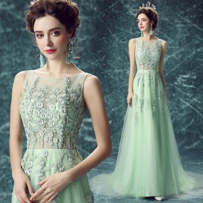 China Green Chiffon Chapel Train Lace Elegant Evening Dresses TSJY054 for sale