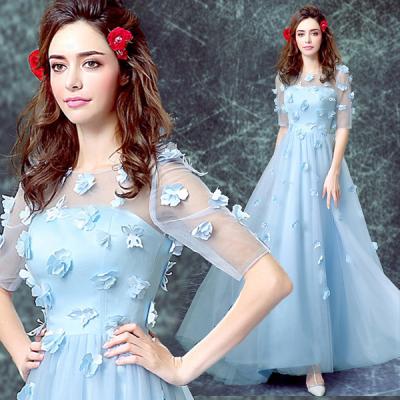 China Gorgeous Light Blue Short Sleeves Appliques Chiffon Evening Dress TSJY087 for sale