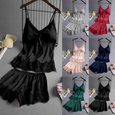 China Van de Zijde Sexy die Bretels van het de zomer Sleeveless Ijs van het de Korte broekkant het Satijnpyjama voor Vrouwen wordt geplaatst Te koop