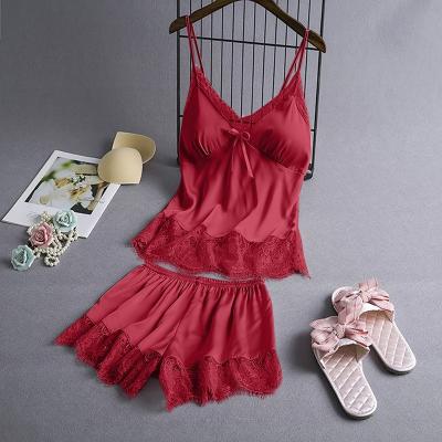China Van de Zijde Sexy die Bretels van het de zomer Sleeveless Ijs van het de Korte broekkant het Satijnpyjama voor Vrouwen wordt geplaatst Te koop
