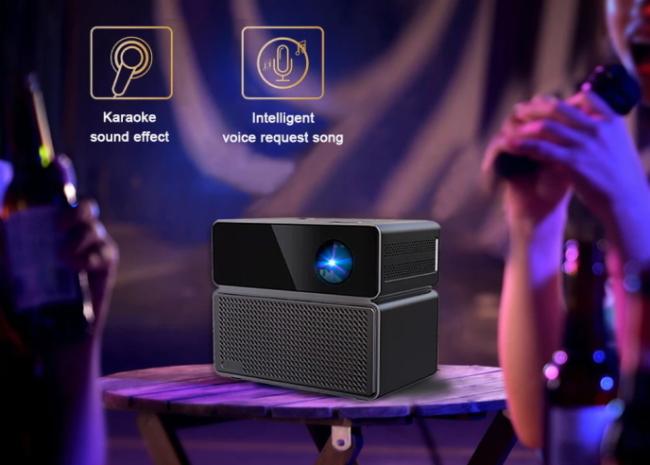 Ehomm T1 Karaoke Projector showing home theater setup