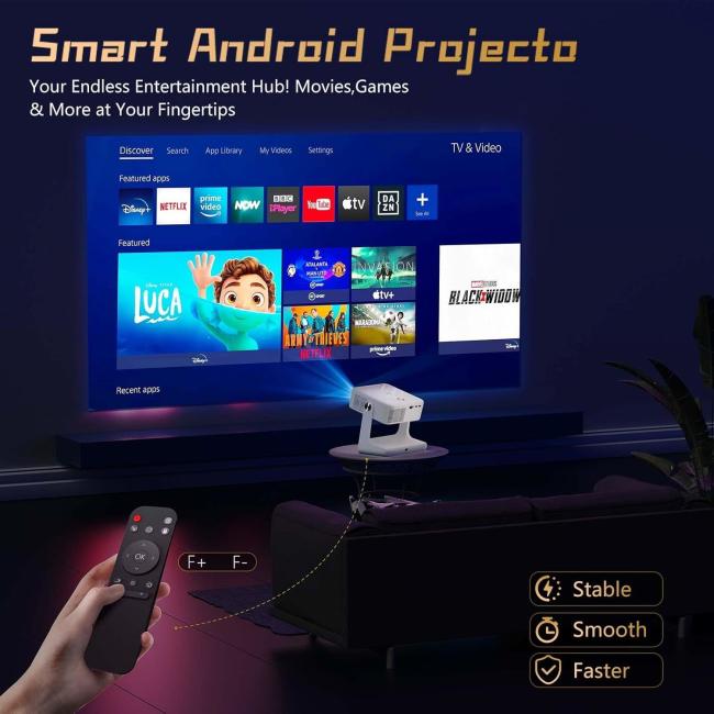 D1 White FHD Android Smart Projector showing interface
