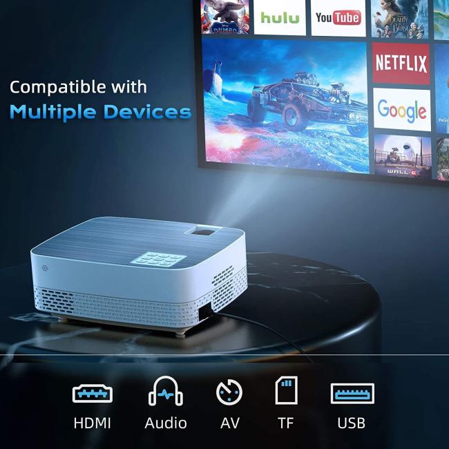 Ehomm-Q5 Mini Projector showing home cinema setup