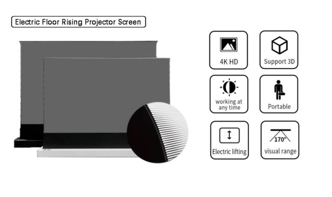Electric floor-rising projector screen in modern housing