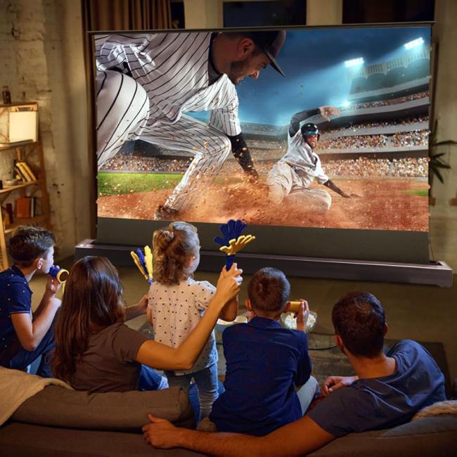 Projector screen in use with professional setup