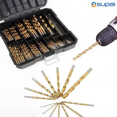 China Titanium Plated Twist Drill Plastic Box Set High Speed Steel Straight Handle Twist Drill Bit Woodworking Drill Bit Set for sale