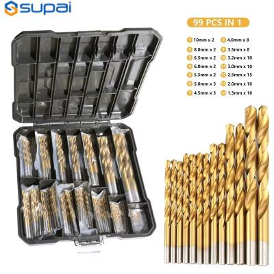 China Titanium Plated Twist Drill Plastic Box Set High Speed Steel Straight Handle Twist Drill Bit Woodworking Drill Bit Set for sale