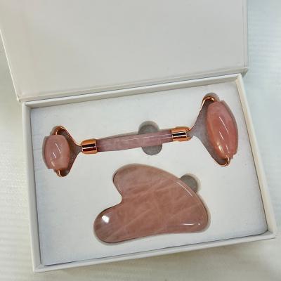 China Home 2023 Double Head Skin Facial Care Jade Roller and Pink Gua Sha for Face Neck Body for sale