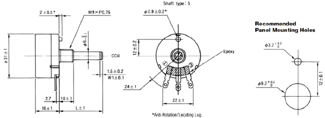 RV30YN20S single-turn carbon film adjustable resistor potentiometer dimensions