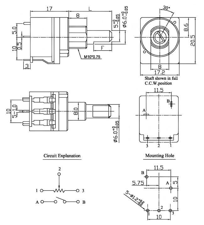 WH116AK potentiometer dimensional drawing