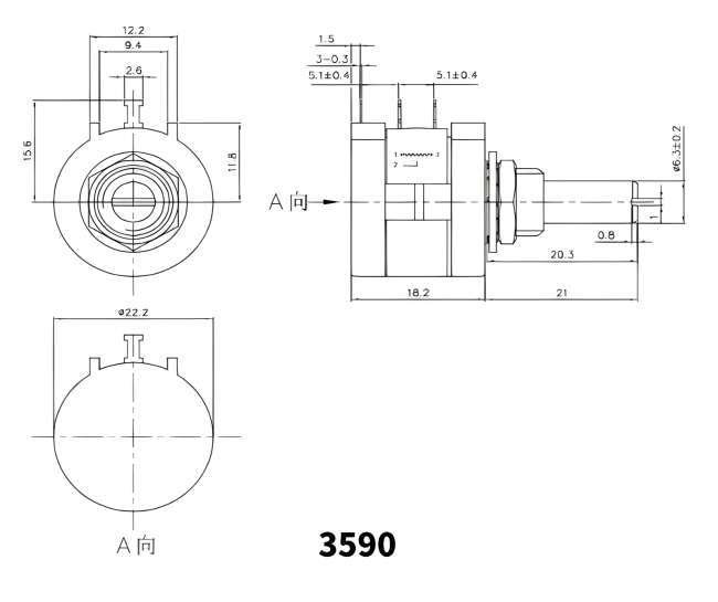 3590S precision multi turn wire wound potentiometer dimensions