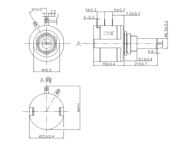 WX110 Precision Single Turn Wound Potentiometer technical drawing