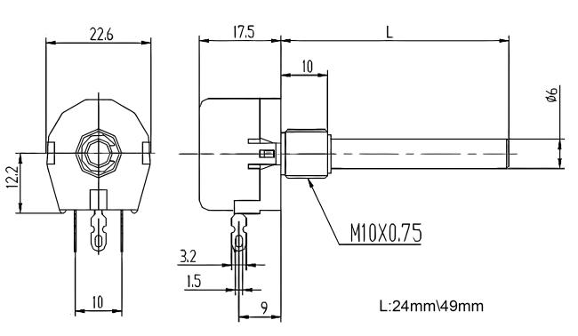 WX118 Single Turn Wirewound Potentiometer dimensions and appearance