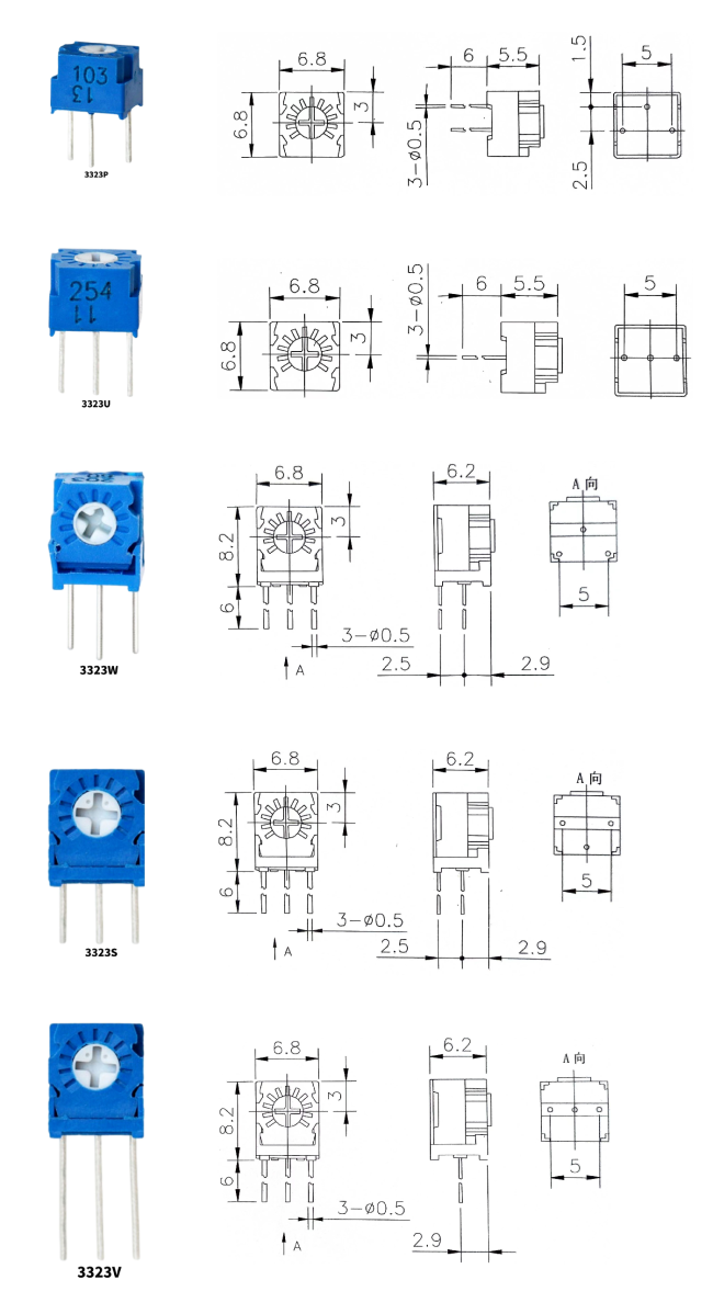 3323P Single Turn Metal Glass Glaze Trimmer potentiometer dimensions
