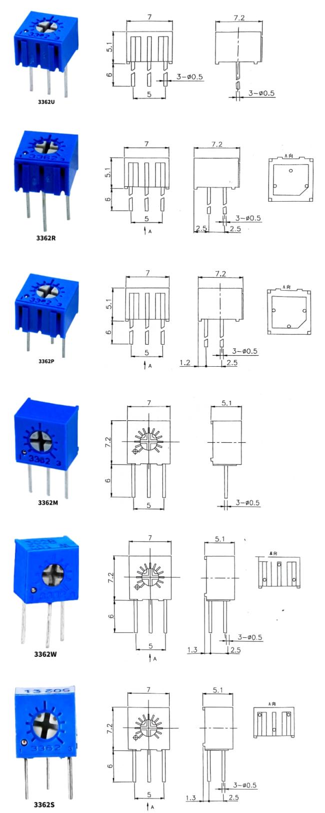 3362S Metal Glass Glaze Precision Adjustable Resistor dimensions and appearance