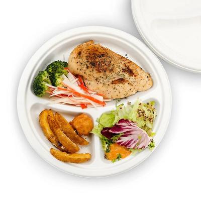 China 100C Bio Duurzame 3 Compartimenten Composteerbare Suikerriet Borden Bagasse Pulp 9 Inch Te koop
