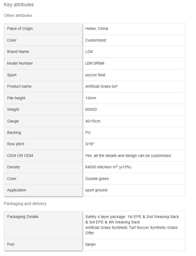 Artificial grass specifications diagram