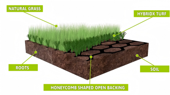 Close-up of hybrid grass turf fibers