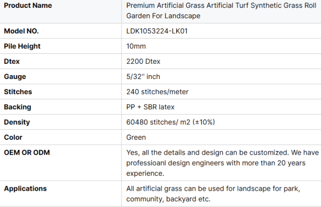 Technical specifications diagram of artificial grass