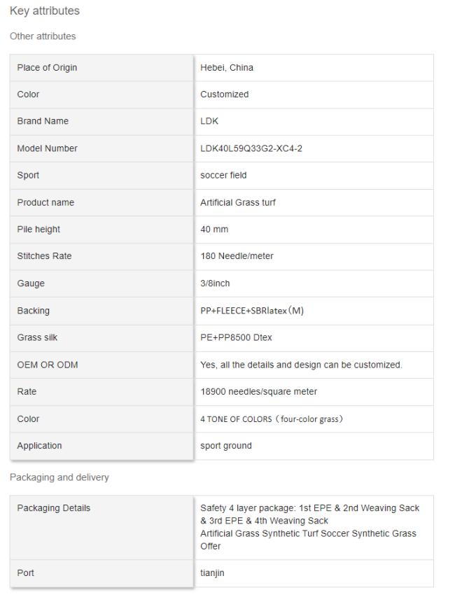 Artificial grass specifications diagram