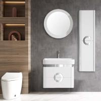 China Custom PVC Bathroom Cabinet with Ceramic Basin 60cm Circular Mirror Wall Hanging Vanity for sale
