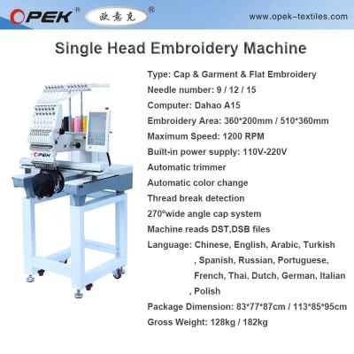 China Computerized OPEK Single Head Embroidery Machine voor het maken van T-shirts met cap Te koop