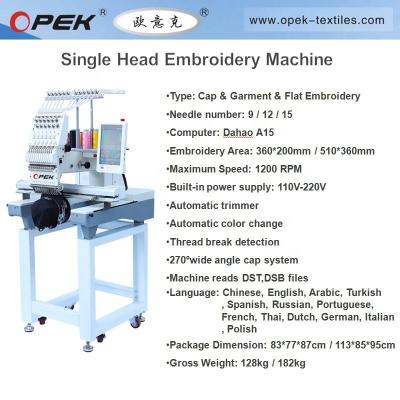 China OPEK Single Head Embroidery Machine 12 15 Needles Cap Embroidery Machine for sale